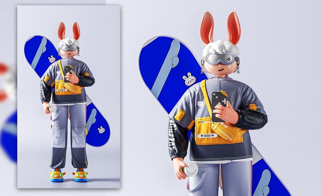 《C4D+MD+OC滑雪兔子IP01》 - C4D教程教程_C4D(R23) MD(10) OC(4.0) PS(2018) - 虎课网